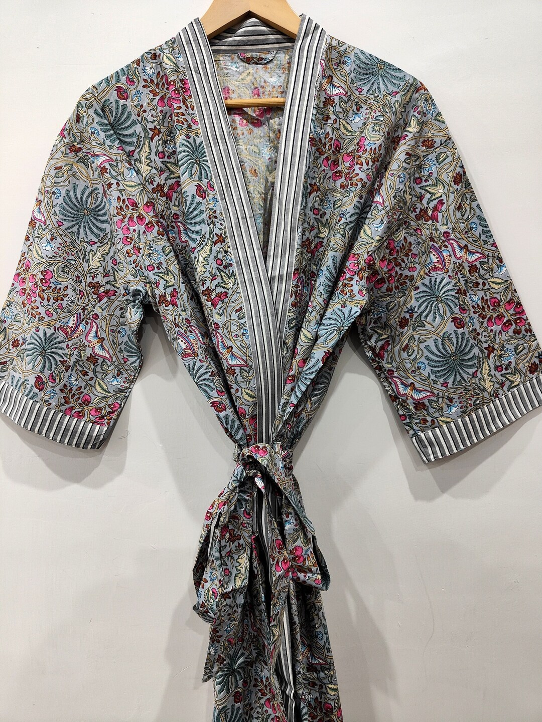 Cotton Kimono Bathrobe Dressing Gown Nightwear Dress Long Sleeve Kimono ...