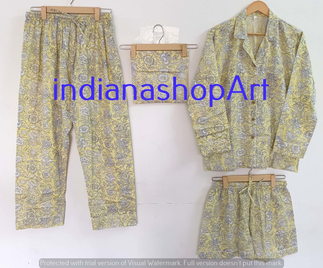 Cotton Pajama Set Yellow Pajama Set Floral Printed Light Ultra-soft ...