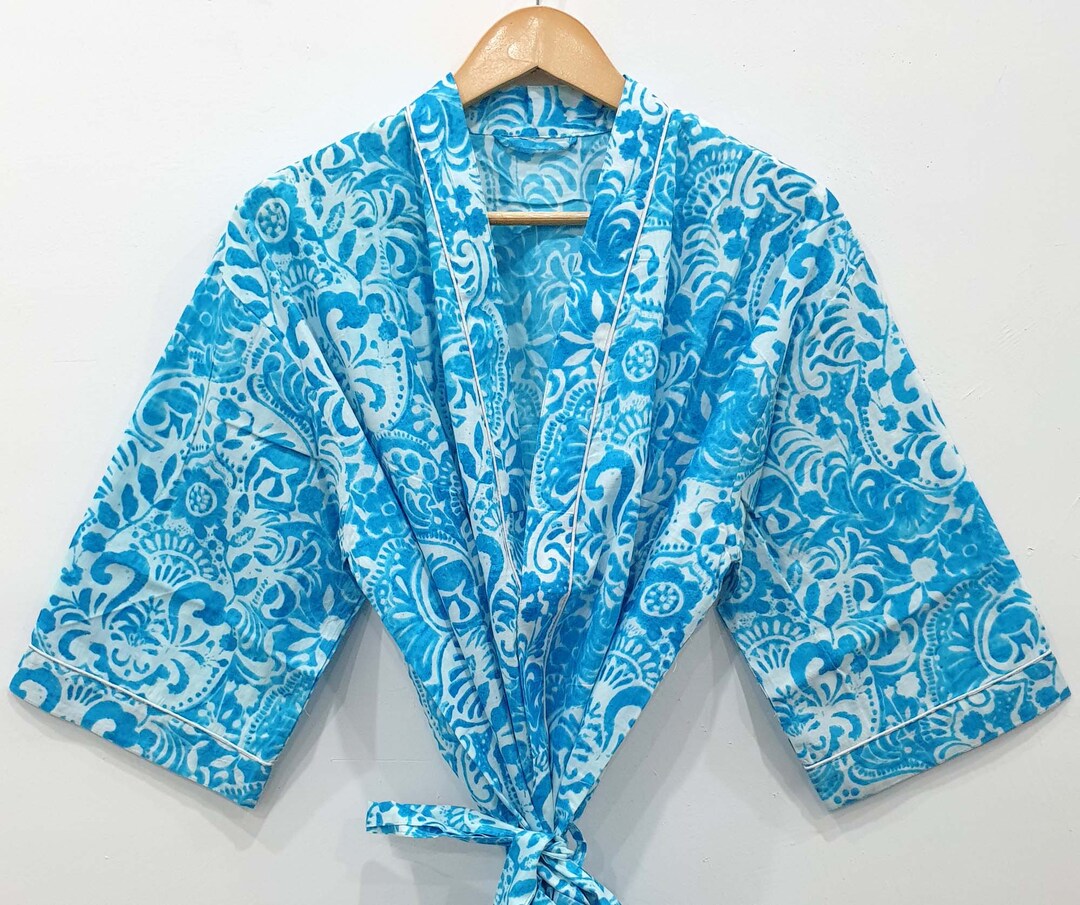 Sky Blue Kimono Robe Ladies Dressing Gown Hand Printed 100% - Etsy