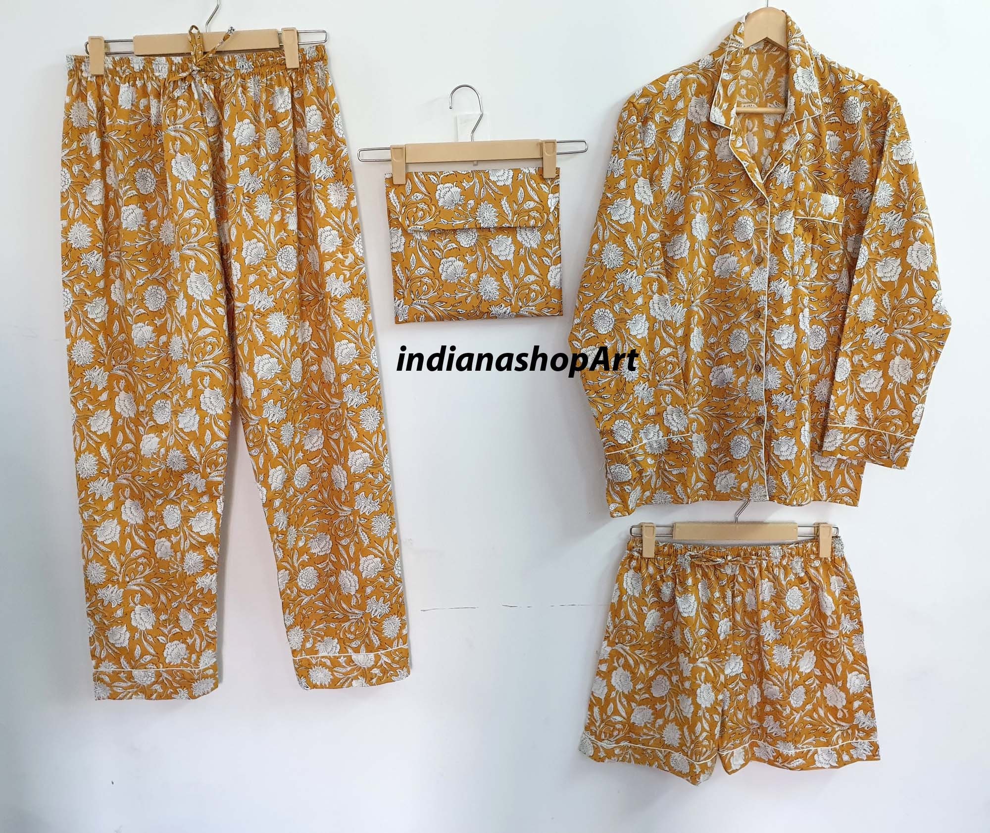 Indian night sleepwear dress with hot pant pure cotton yellow | Etsy