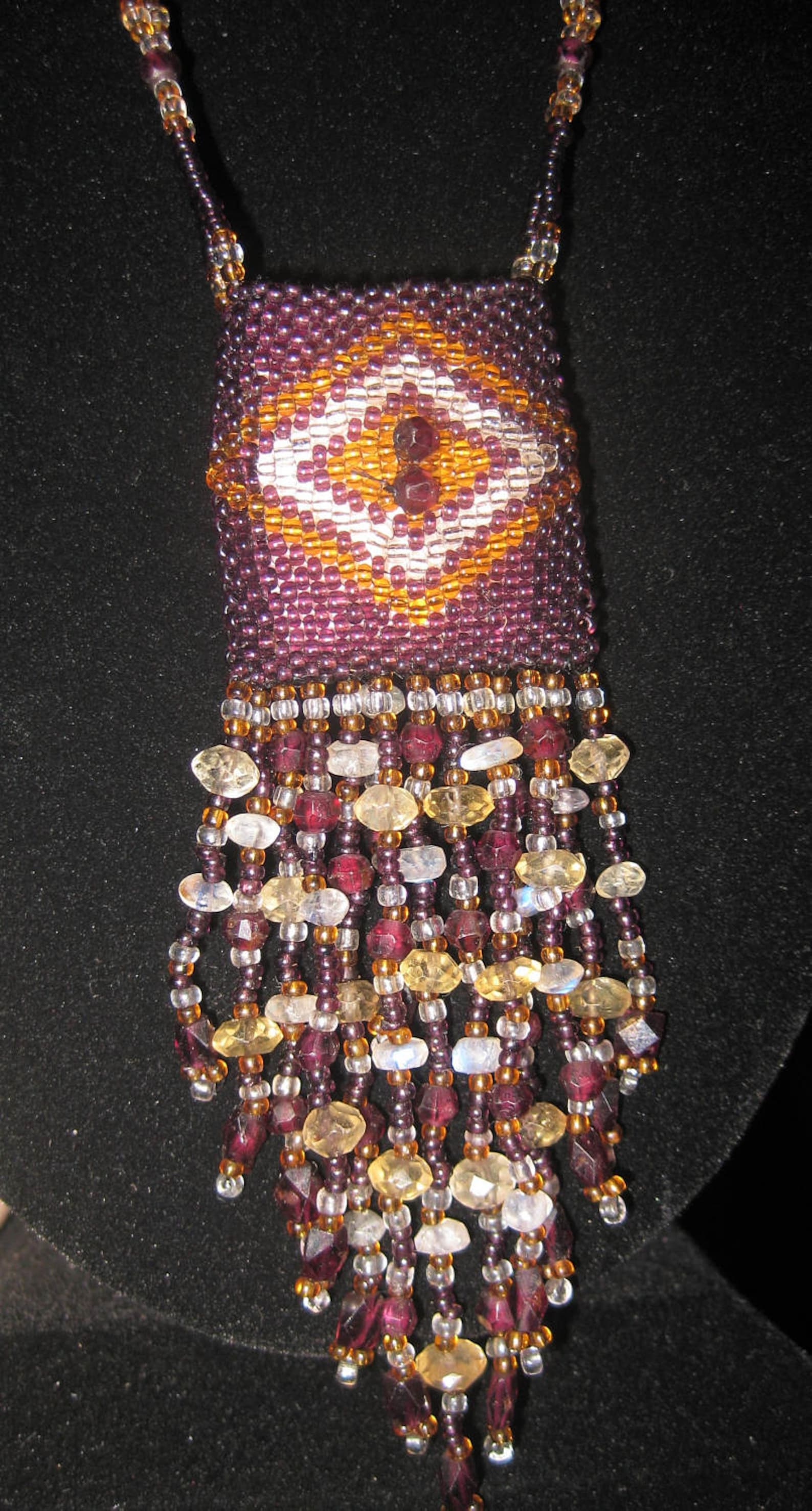 GOD'S EYE Peyote Stitch AMULET Medicine Bag, Burgundy Red, Garnet ...