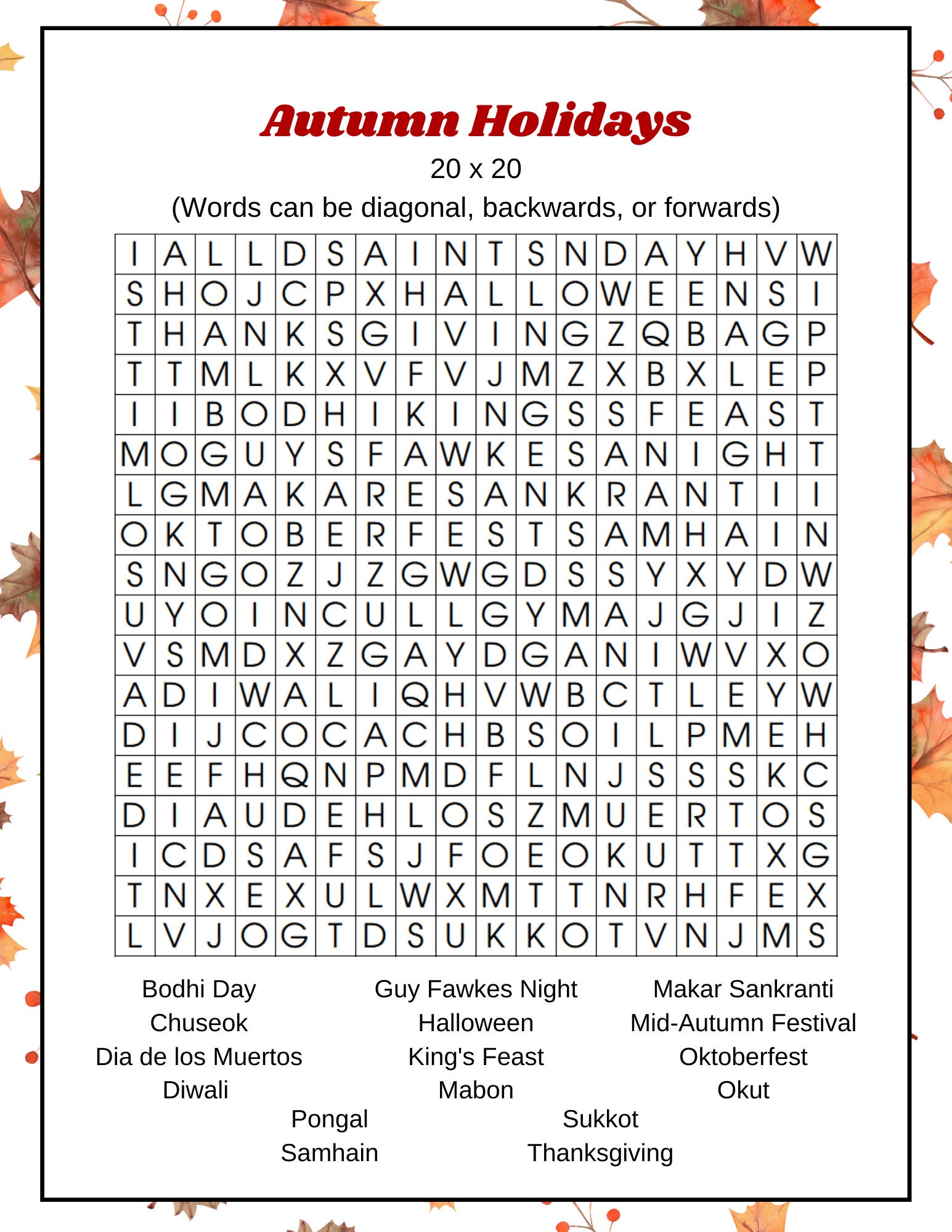 Cozy Autumn Word Search - Etsy