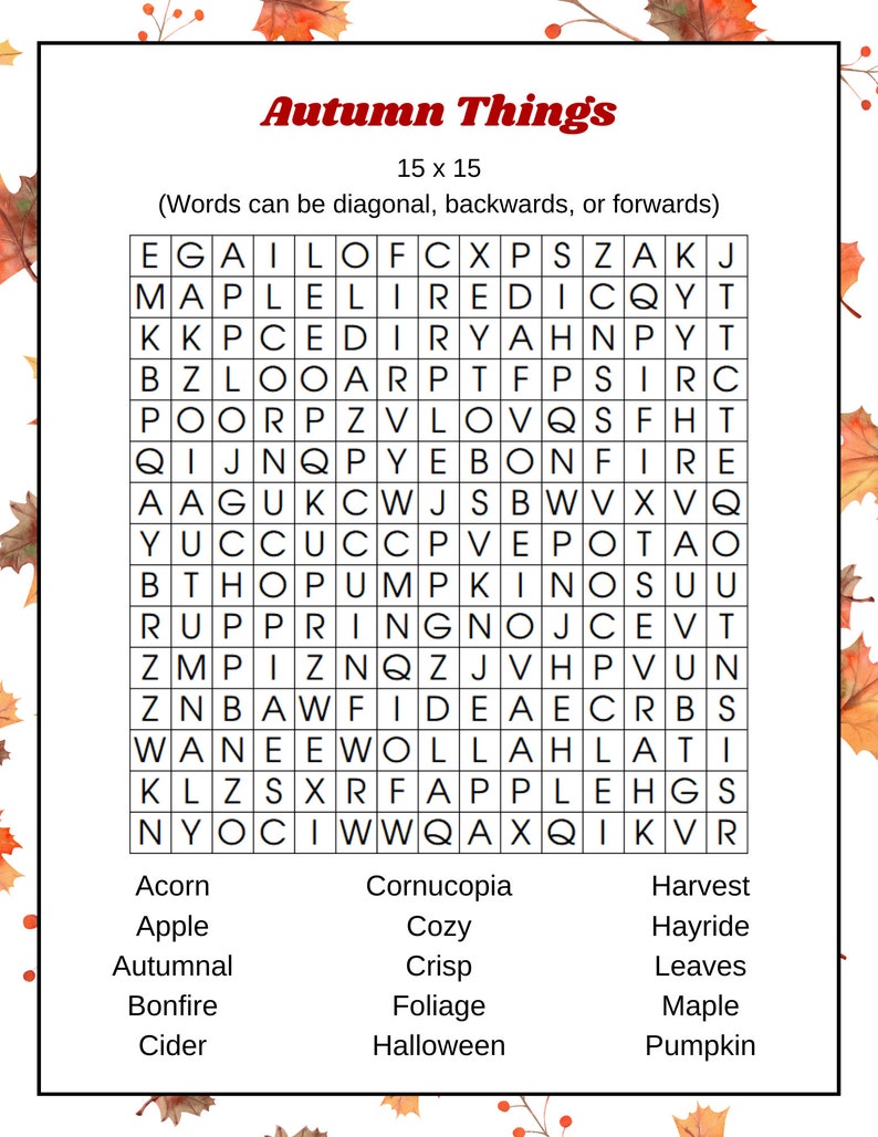 Cozy Autumn Word Search - Etsy