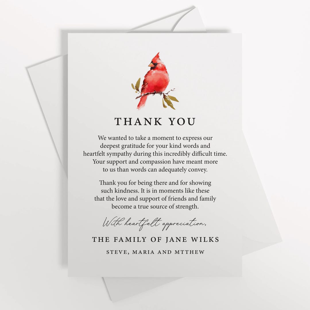 Sympathy Thank You Card With Cardinal - Personalized Flat Funeral Thank ...