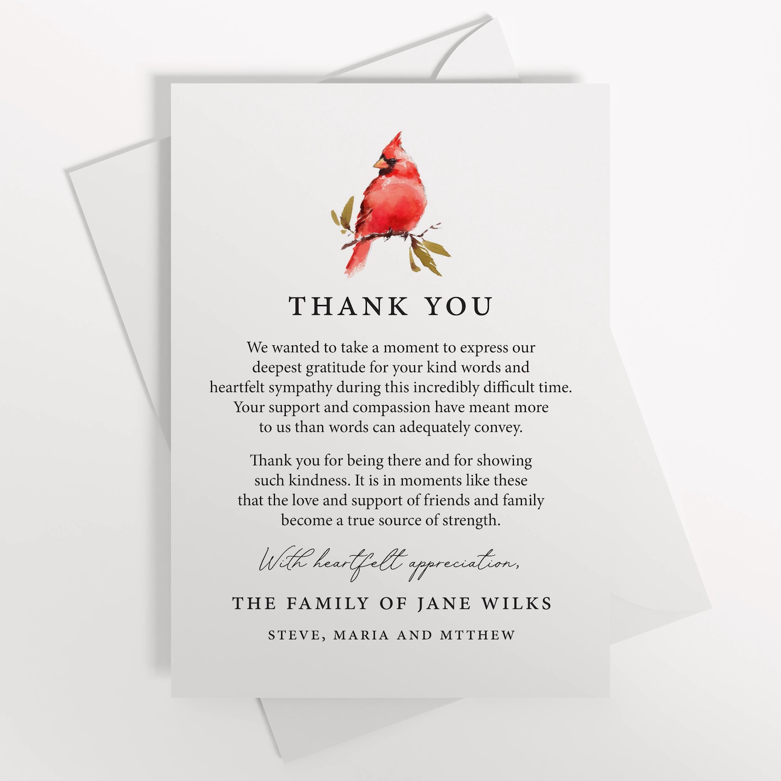 Sympathy Thank You Card With Cardinal - Personalized Flat Funeral Thank ...
