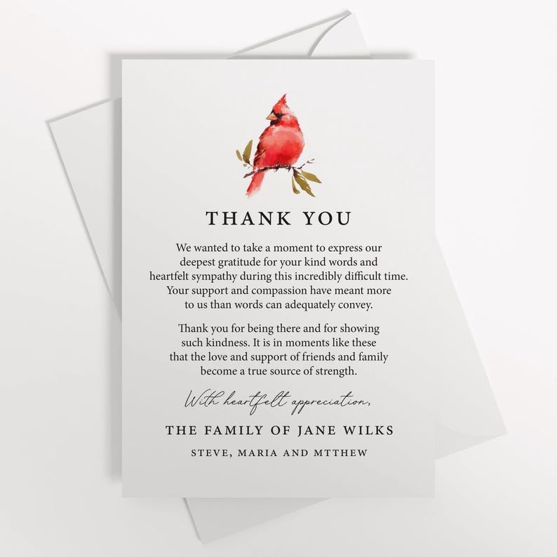 Sympathy Thank You Card With Cardinal - Personalized Flat Funeral Thank ...