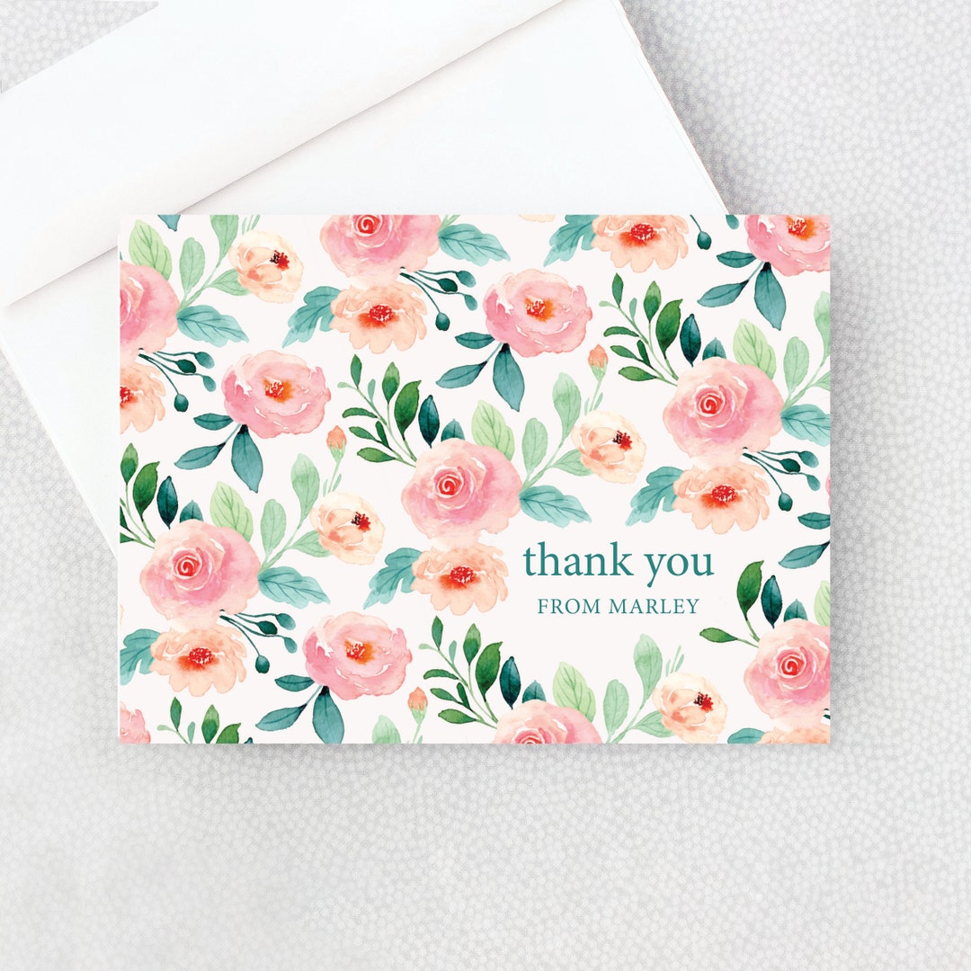 Personalized Thank You Card Pink Flowers Folded Thank You Note Blank ...