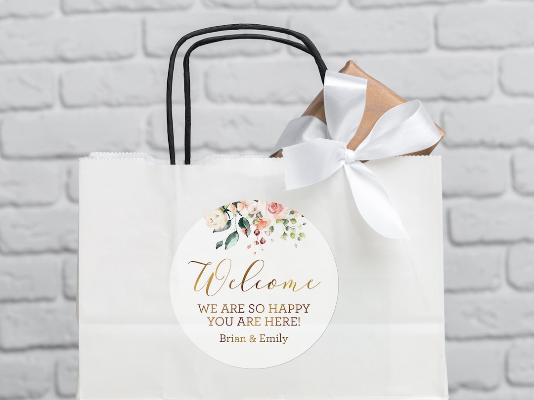 Wedding Welcome Bag Sticker - Blush and Faux Faux Gold - Welcome Bag ...