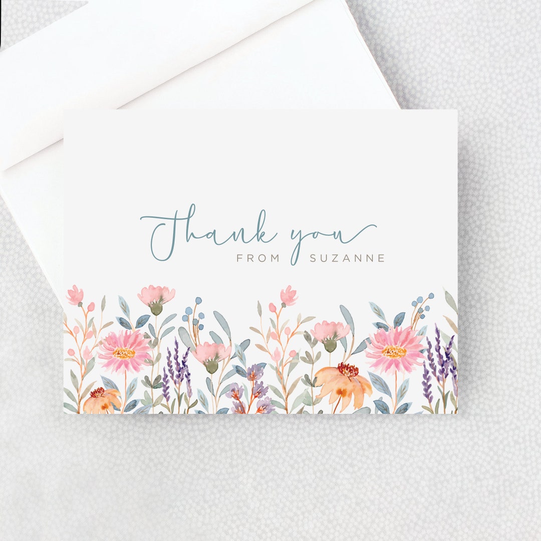 Thank You Card - Wildflowers - Folded Thank You Note - Personalized ...