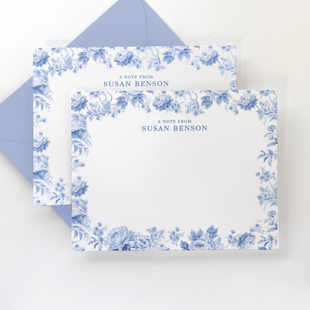 Personalized Stationery Set - Toile Note Card Set - Blue Toile Flowers ...