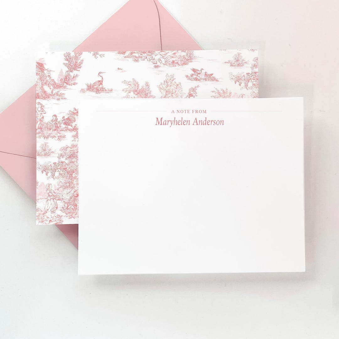 Personalized Stationery Set - Toile Note Card Set - Pink Toile Flat ...