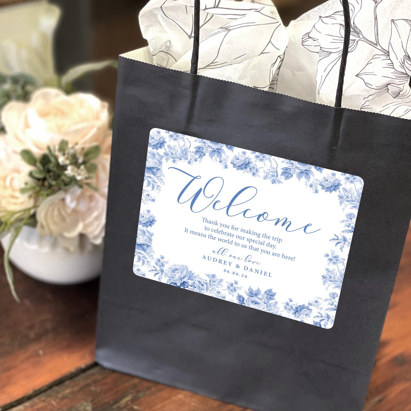 Toile Wedding Welcome Bag Sticker - Welcome Bag for Hotel Guests ...