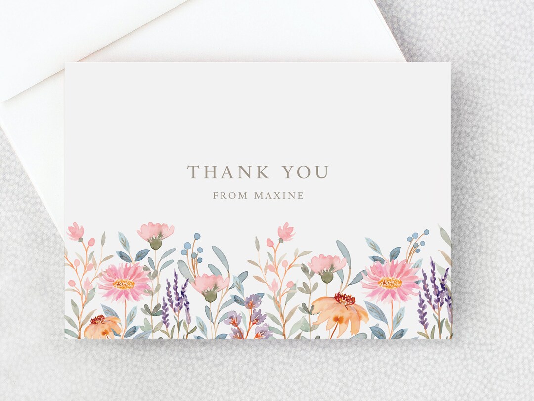 Thank You Card Wildflowers Folded Thank You Note Blank Inside With ...