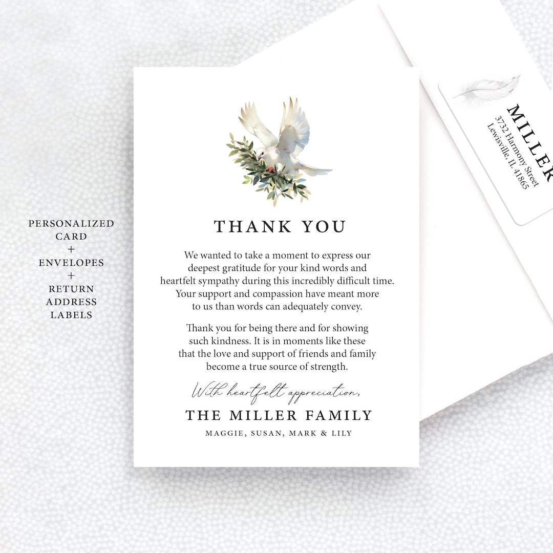 Funeral Thank You Card With Dove - Personalized Flat Sympathy Thank You ...