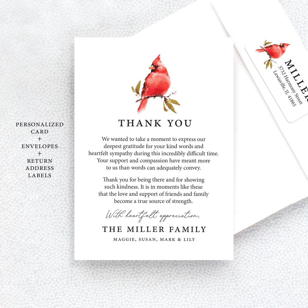 Sympathy Thank You Card With Cardinal - Personalized Flat Funeral Thank ...