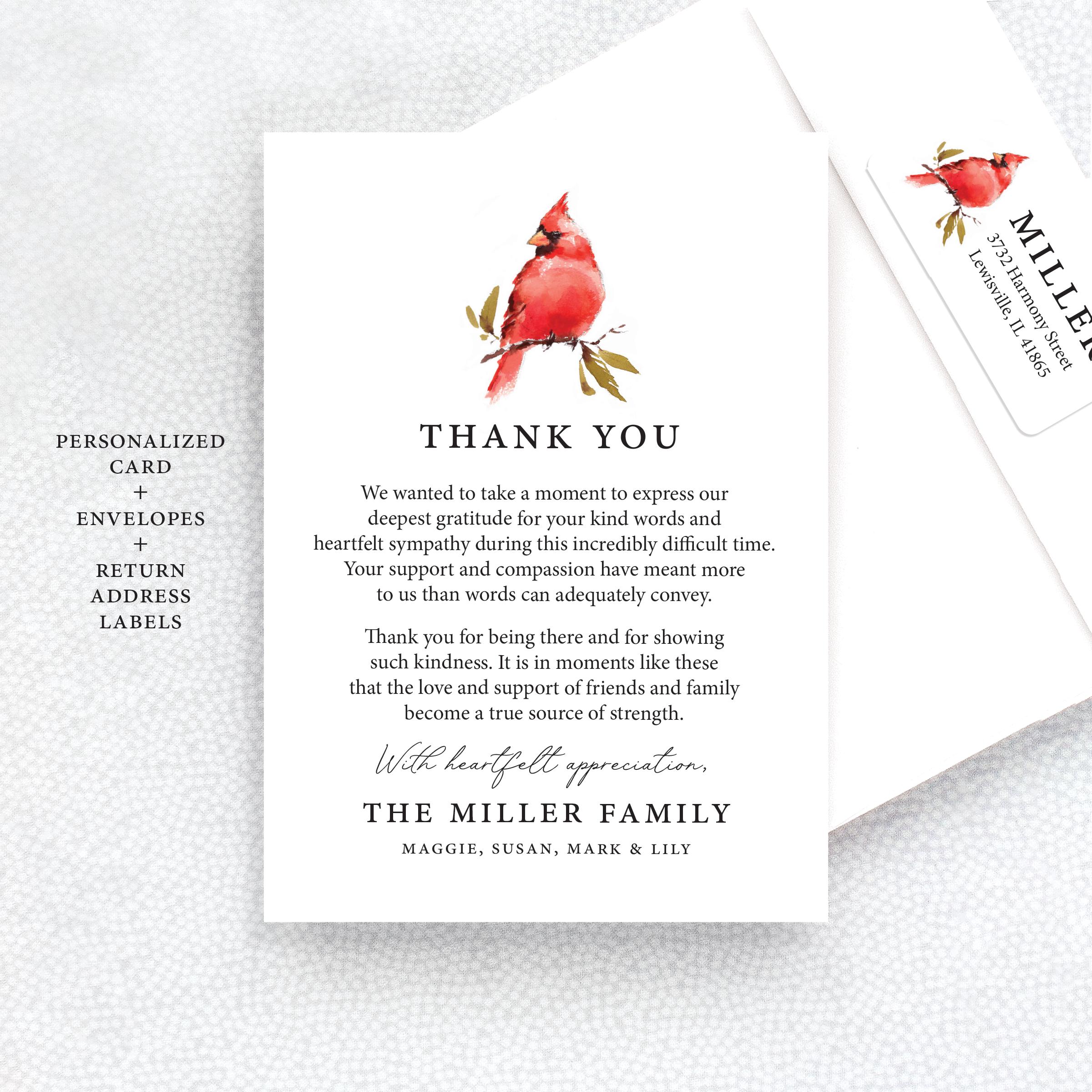 Sympathy Thank You Card With Cardinal - Personalized Flat Funeral Thank ...