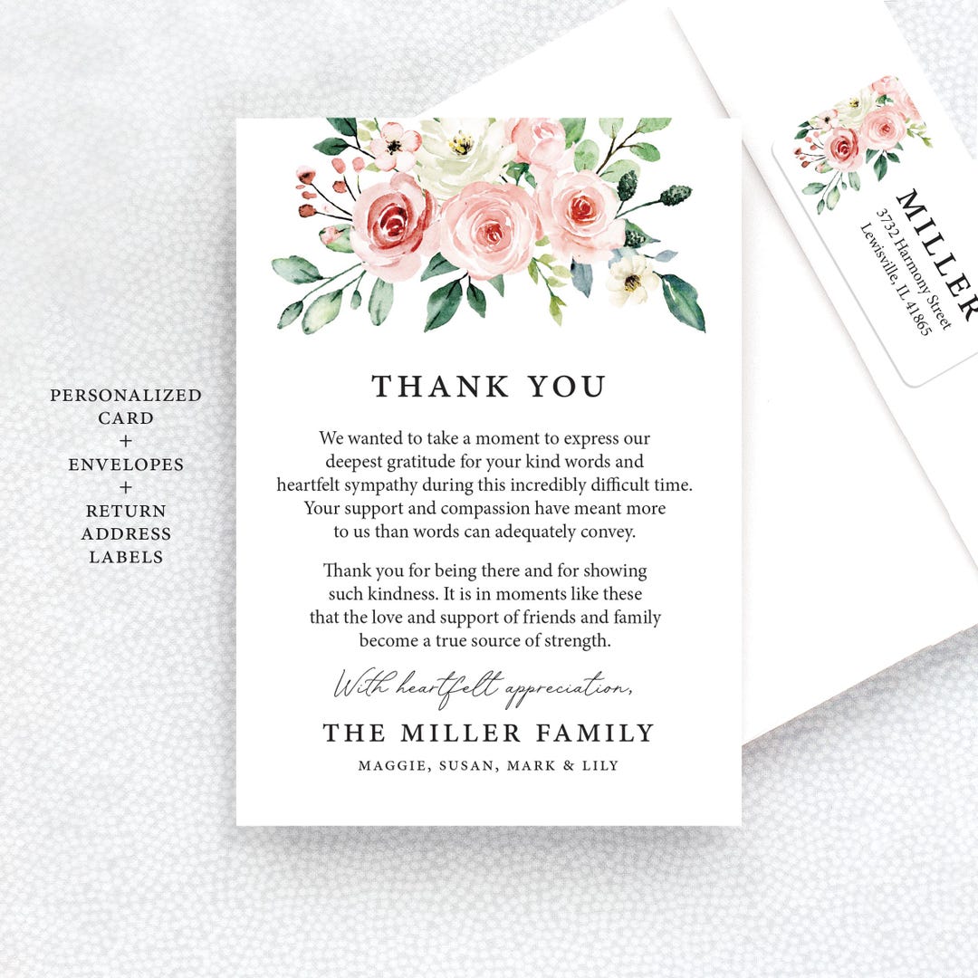Sympathy Thank You Card With Pink Flowers - Personalized Flat Funeral ...