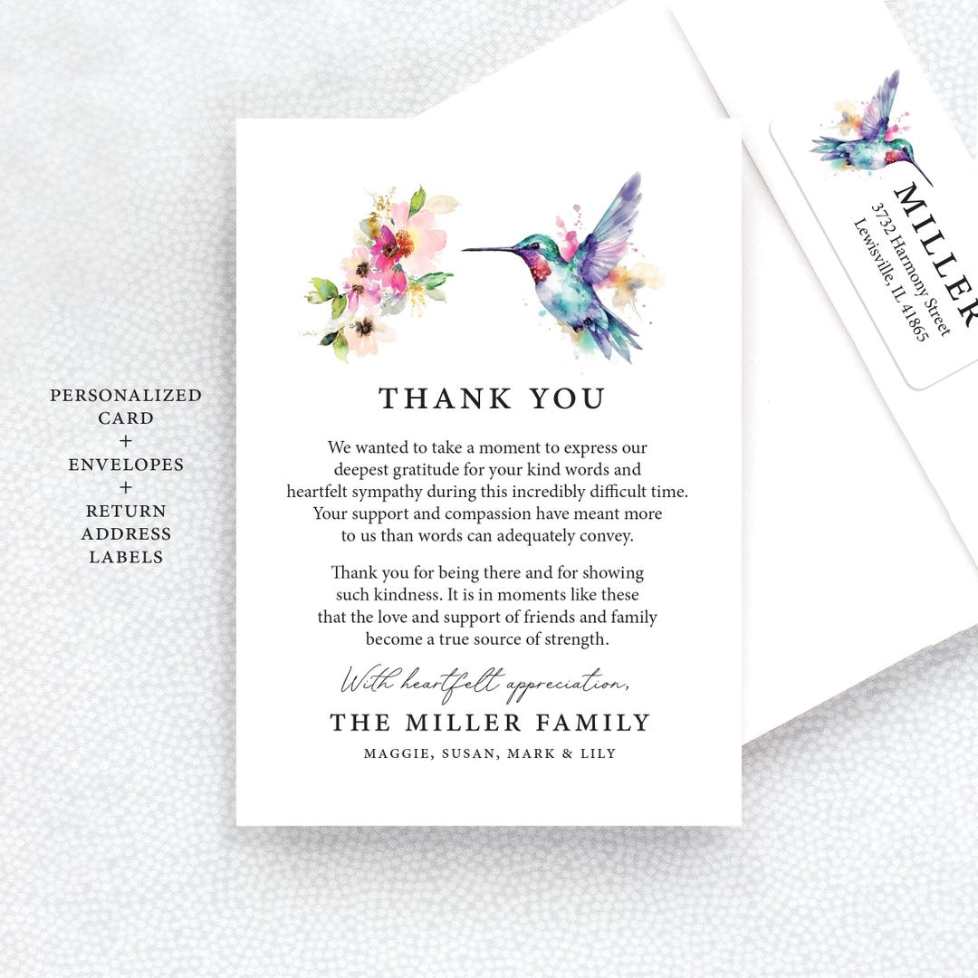Sympathy Thank You Card With Hummingbird - Personalized Flat Funeral ...