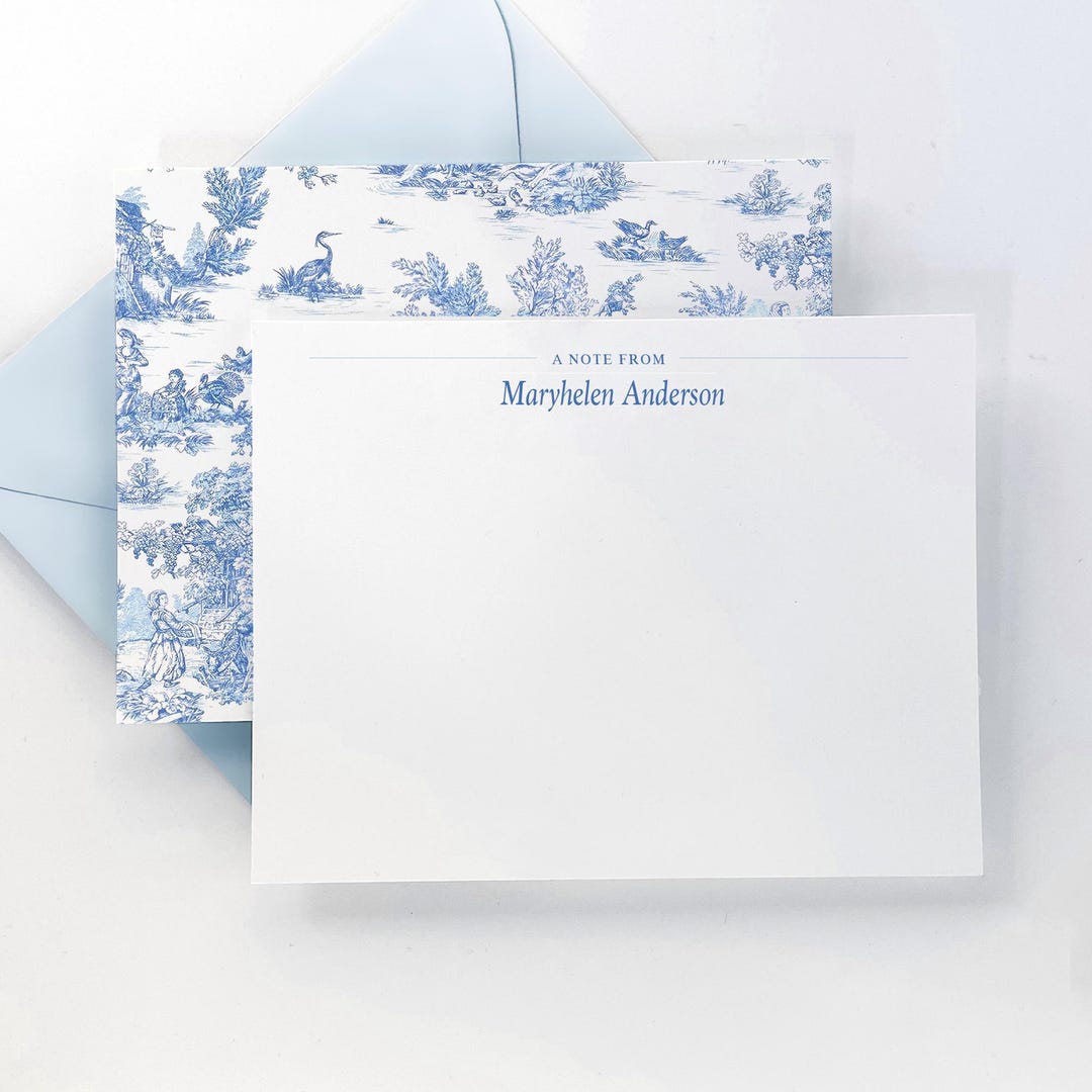Personalized Stationery Set - Toile Note Card Set - Blue Toile Flat ...
