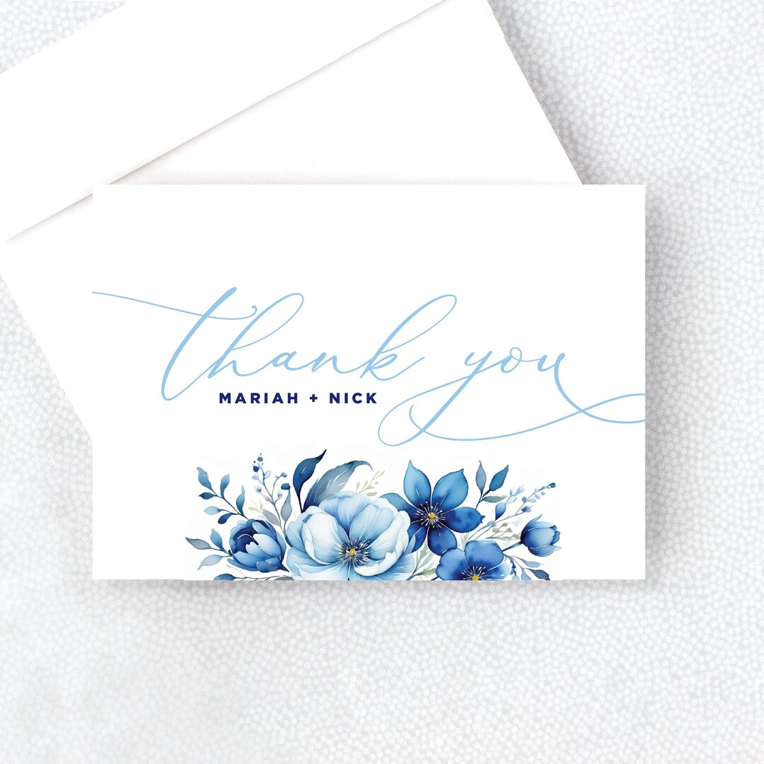 Blue Flower Thank You Card Navy Blue Wedding Thank You Card Shower ...