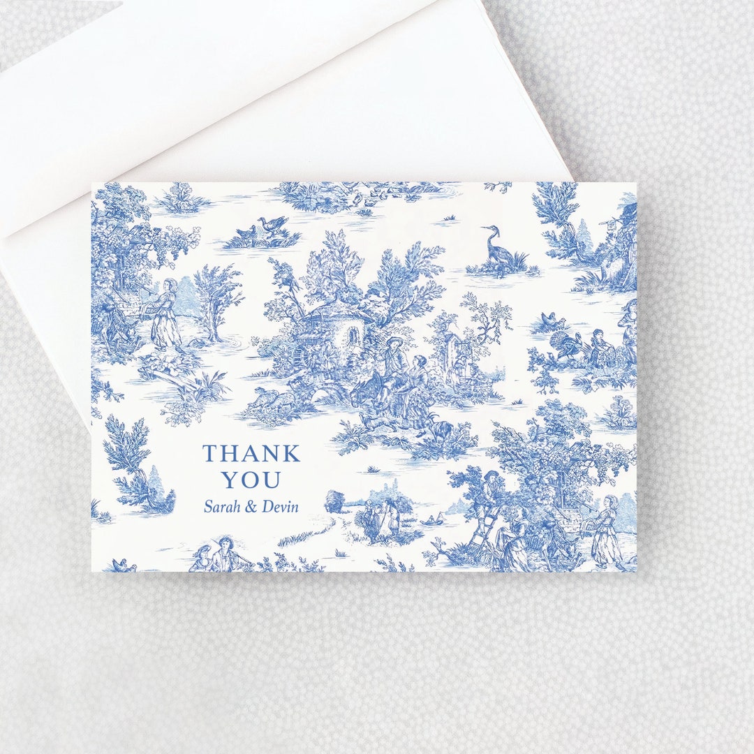 Toile Thank You Card - Blue Wedding Thank You Card - Shower Thank You ...