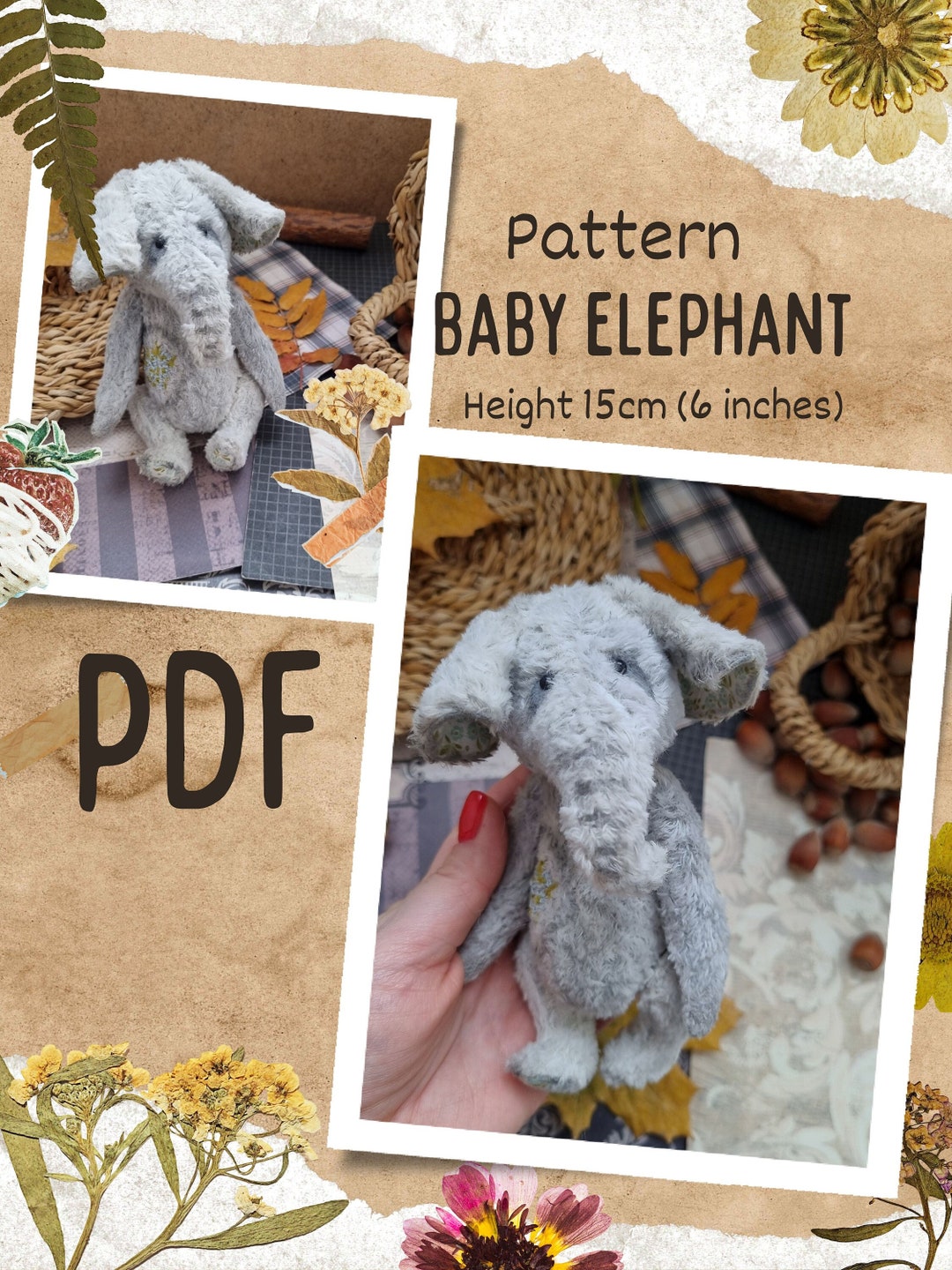Pattern Baby Elephant 15 Cm PDF, Artist Teddy Elephant OOAK Toy Sewing ...