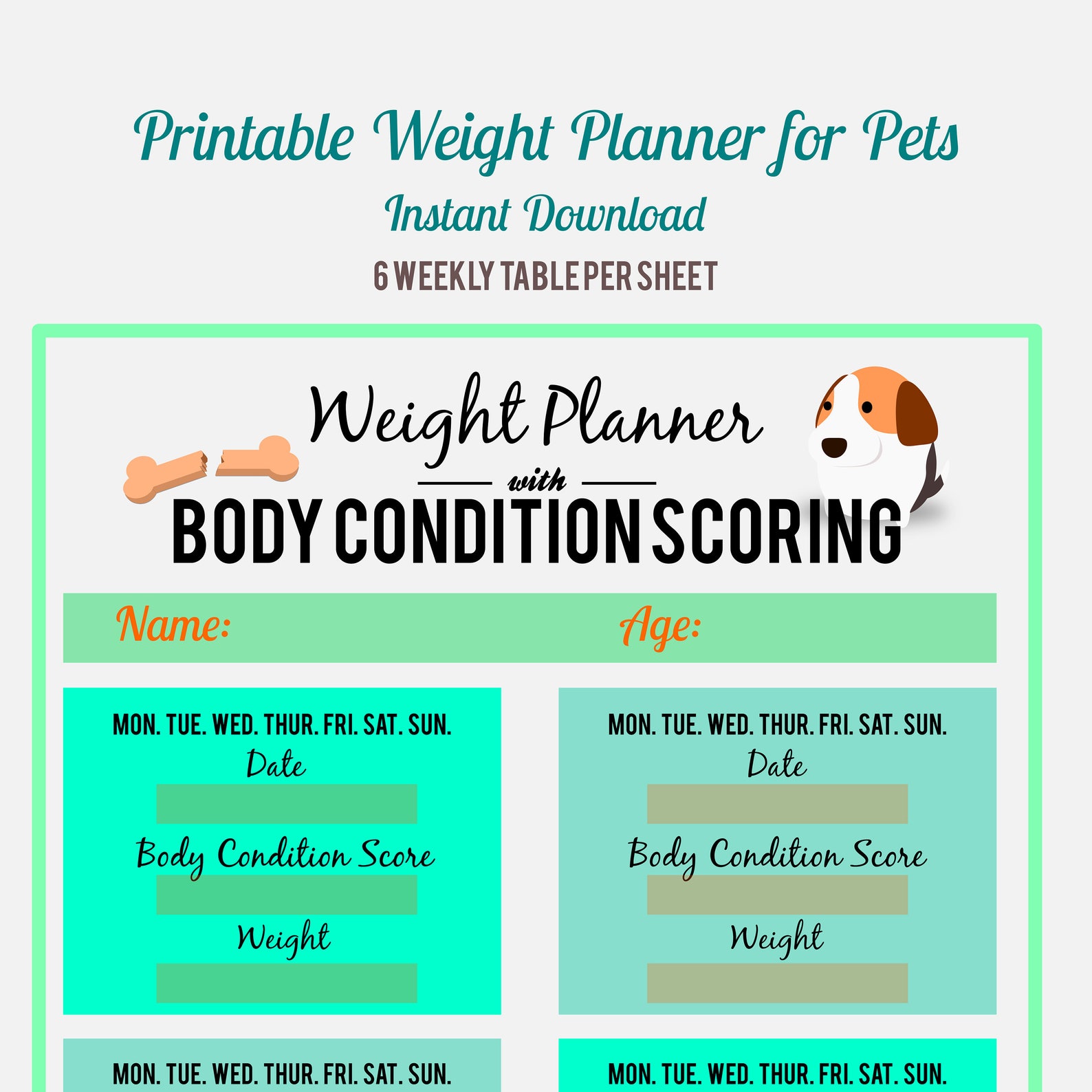 Printable Dog Weight Planner Body Condition Scoring Weight Tracker Dog ...