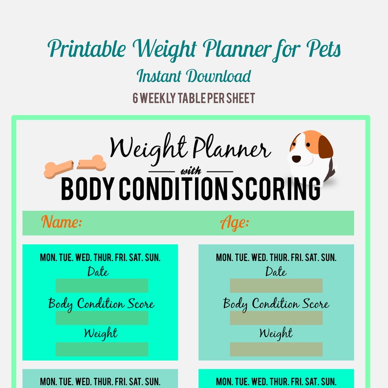 Printable Dog Weight Planner Body Condition Scoring Weight Tracker Dog ...