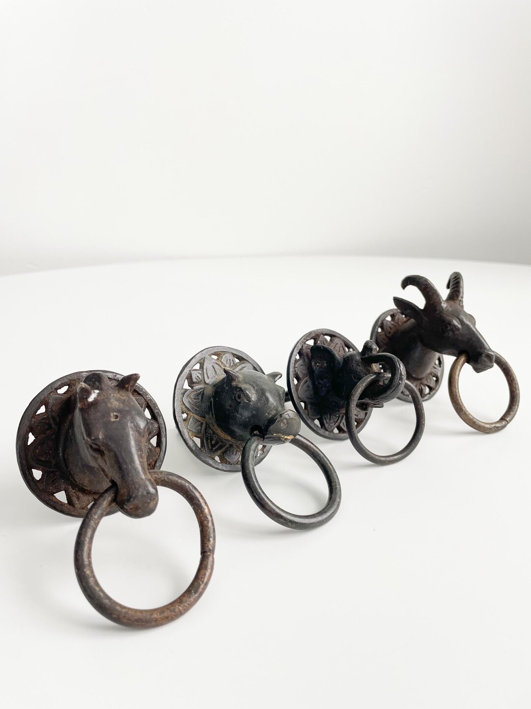 Vintage Brass Animal Head Ring Pulls, Horse, Elephant, Goat, Pig ...