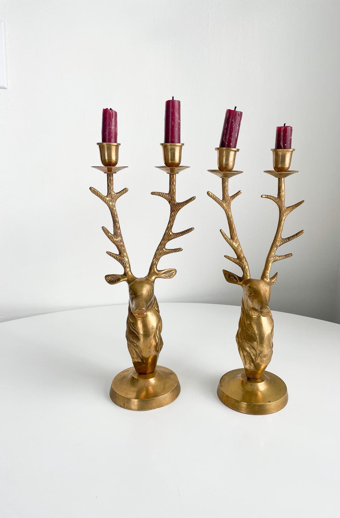 Vintage Brass Deer Candelabra Set, Stag Head Candle Holders, Rustic ...