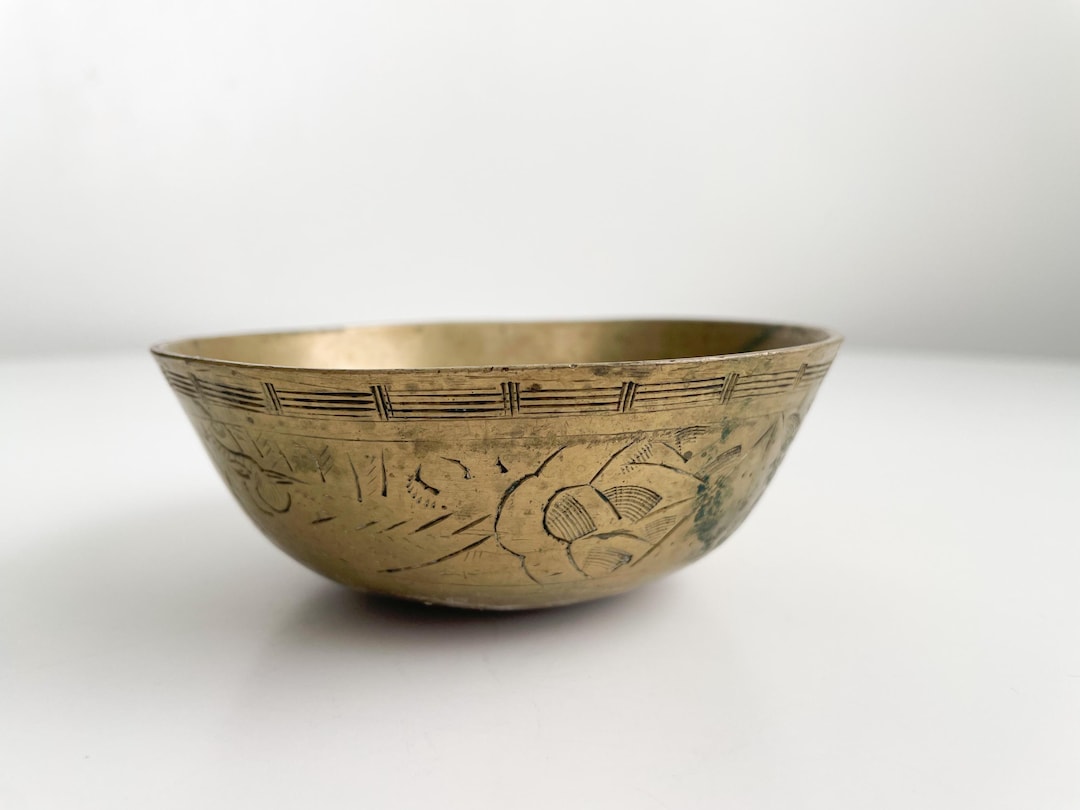 Vintage Brass Etched Bowl, Made in China, Decorative Boho Brass Dish ...