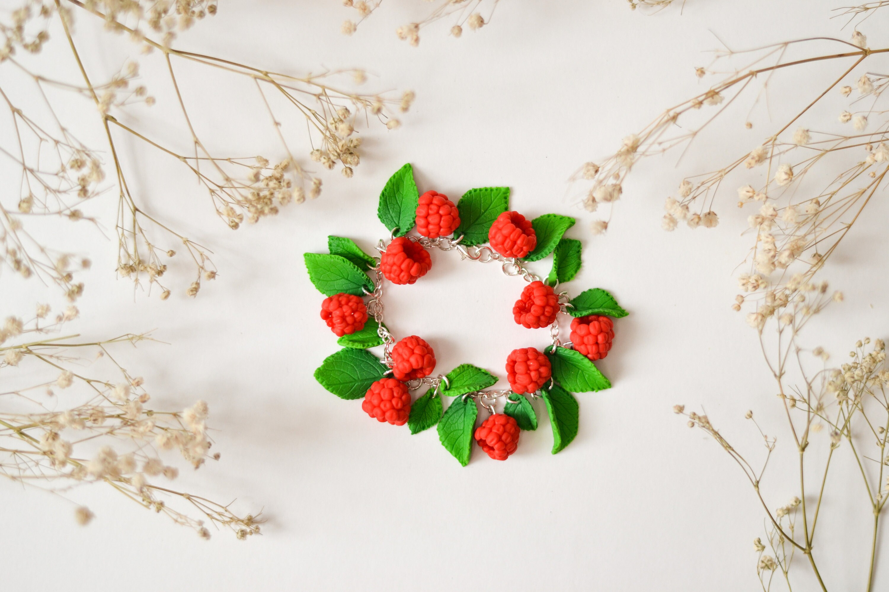 Raspberry Bracelet, Berries Jewelry Summer, Clay Berry Jewelry, Red ...