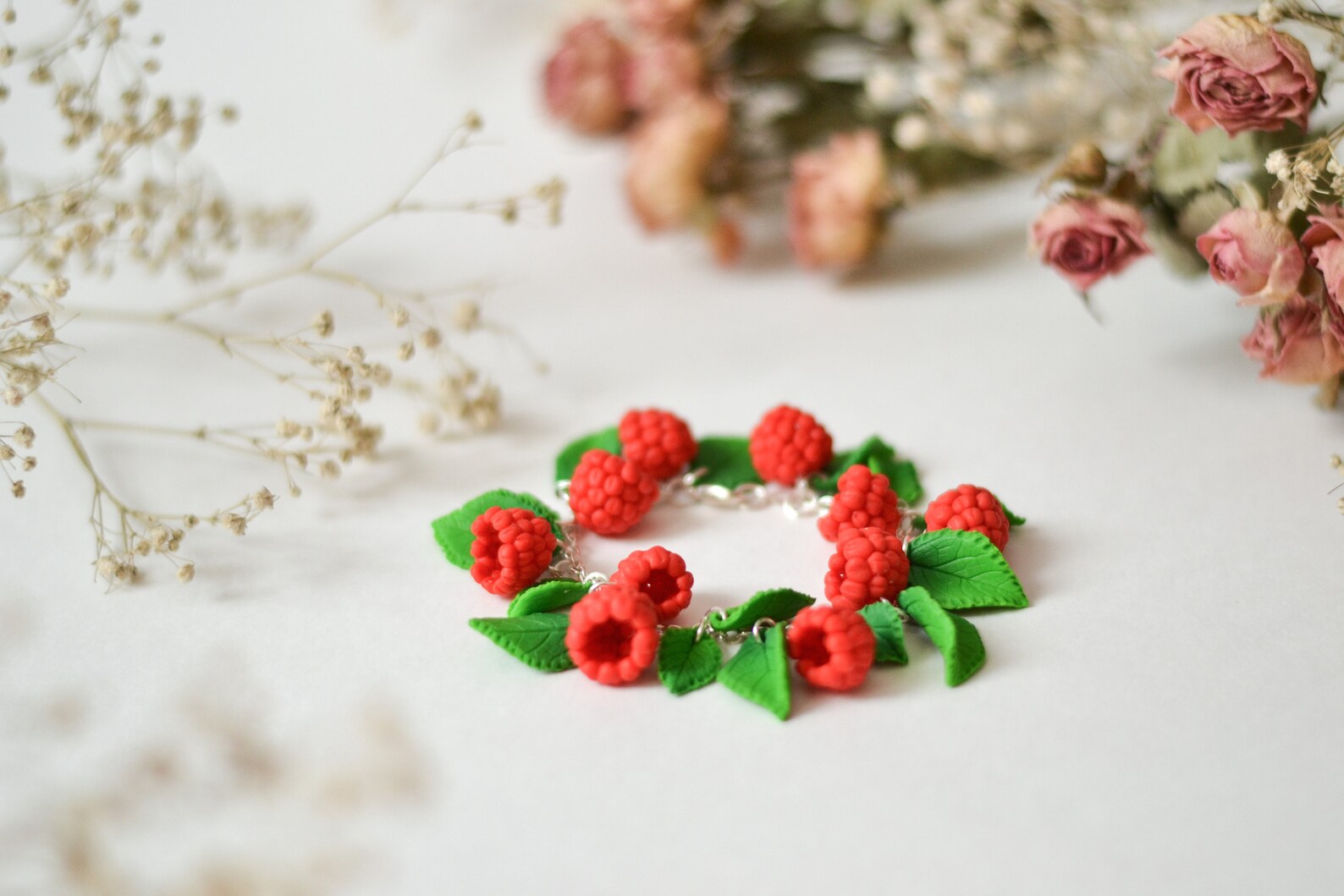 Raspberry Bracelet, Berries Jewelry Summer, Clay Berry Jewelry, Red ...