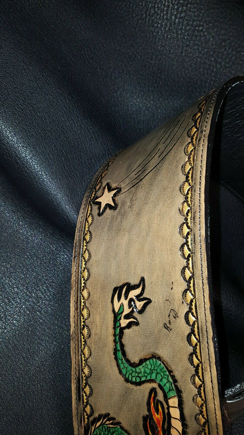 Leather Guitar Strap " Dragon's Breath " 4" SB Custom Strap With Gold ...