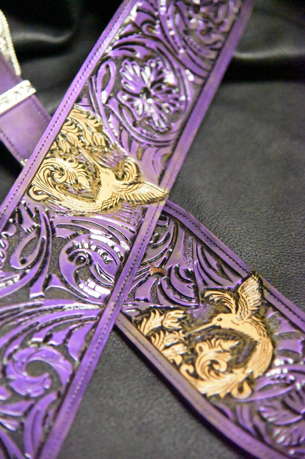 Leather Guitar Strap Hummingbird "floral Riffs Antiqued Pearl Purple ...