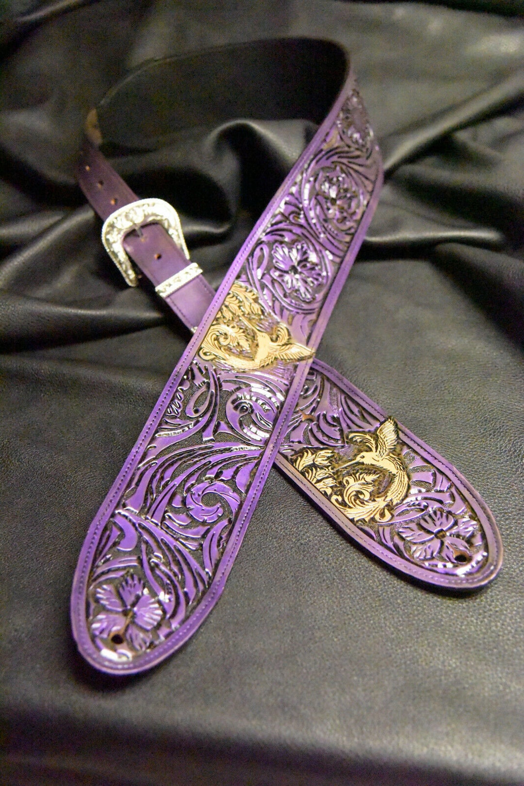 Leather Guitar Strap Hummingbird "floral Riffs Antiqued Pearl Purple ...