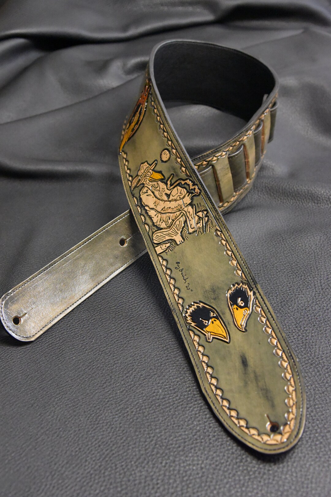 Leather Guitar Strap " Black Crows" 3.5" SB Custom Strap You Pick Your ...
