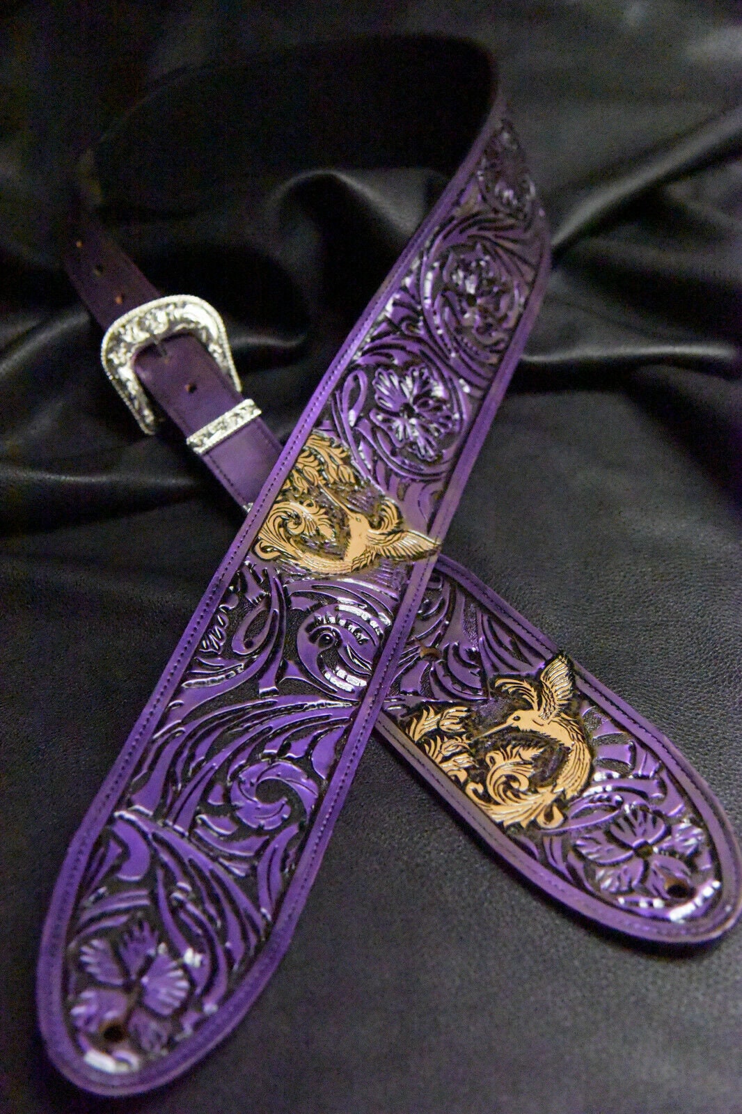 Leather Guitar Strap Hummingbird "floral Riffs Antiqued Pearl Purple ...