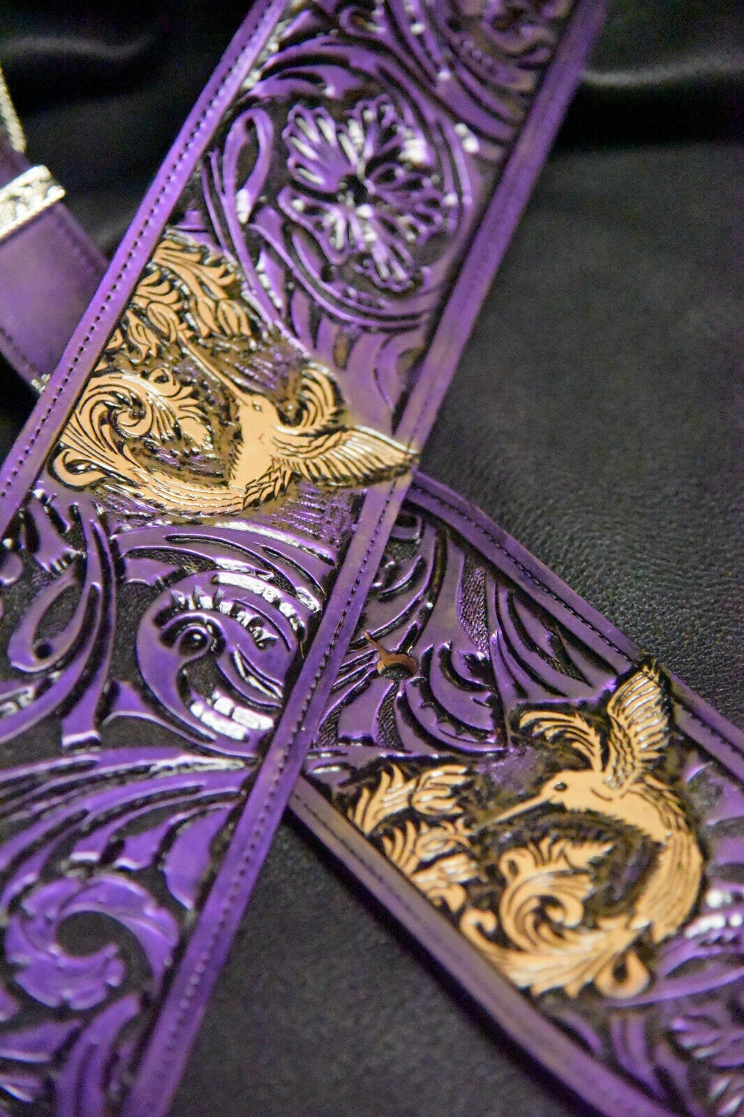 Leather Guitar Strap Hummingbird "floral Riffs Antiqued Pearl Purple ...