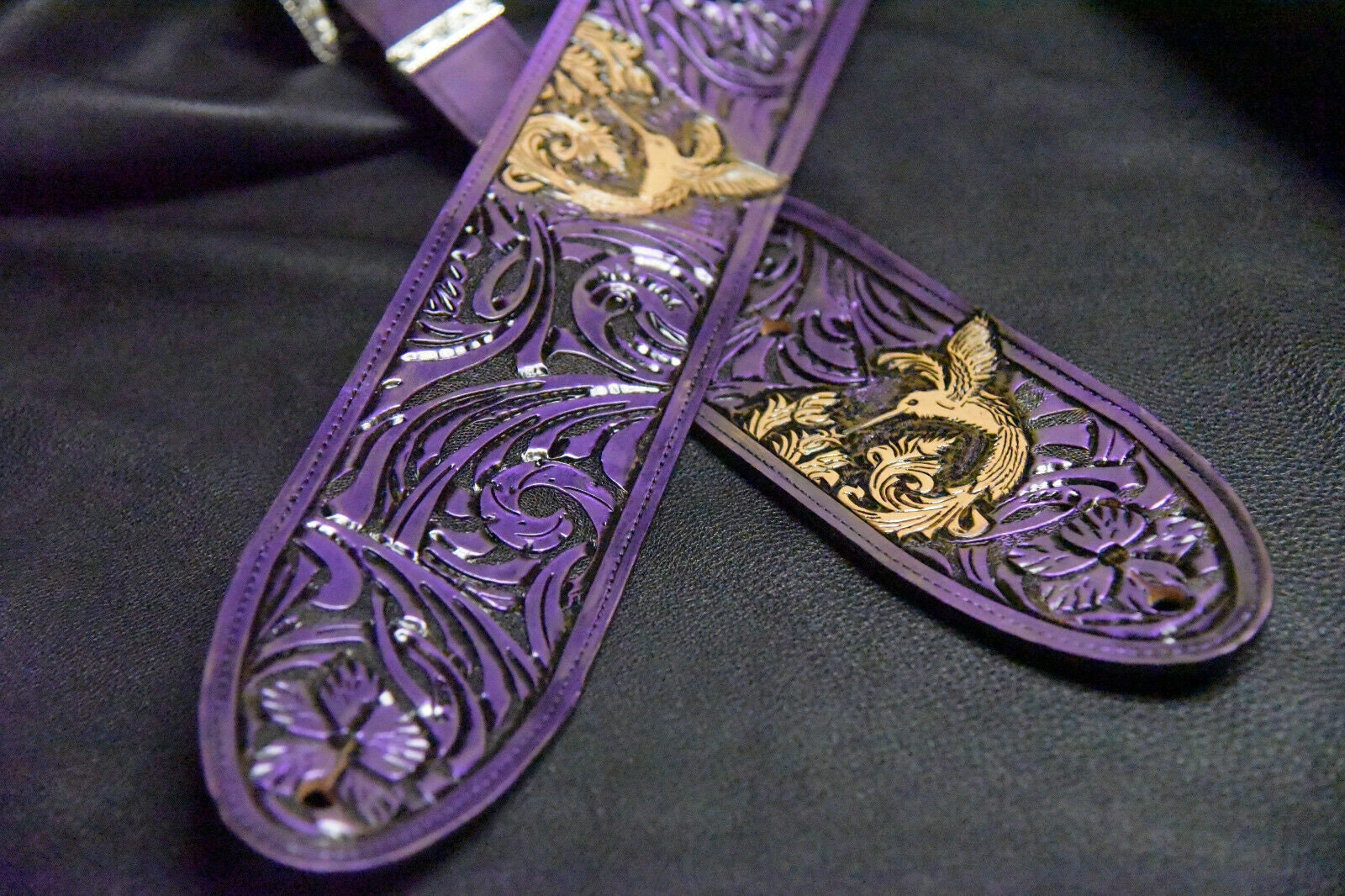 Leather Guitar Strap Hummingbird "floral Riffs Antiqued Pearl Purple ...