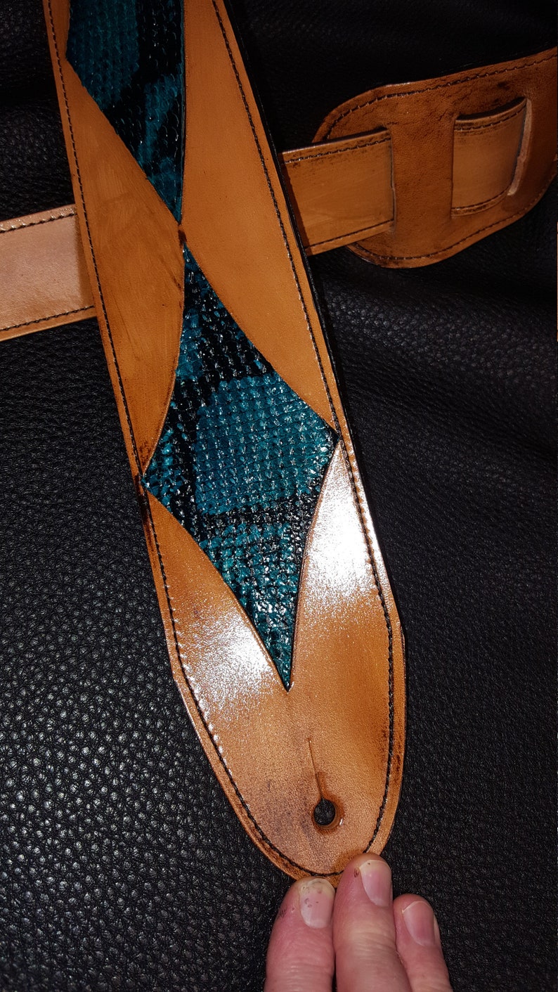 Leather Guitar Strap Snake Skin "patches" Hand Made Hand Tooled and ...