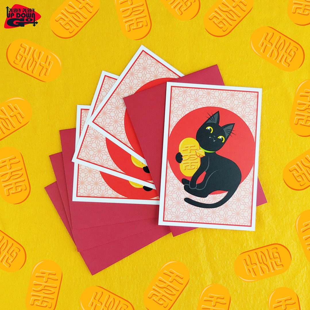 Funny Black Cat Maneki Neko Postcards (set of 4 Cards + Envelopes), Red ...