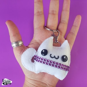 Cute Kawaii Purple Rhinestone White Cat Plush Keychain & Bag Charm ...