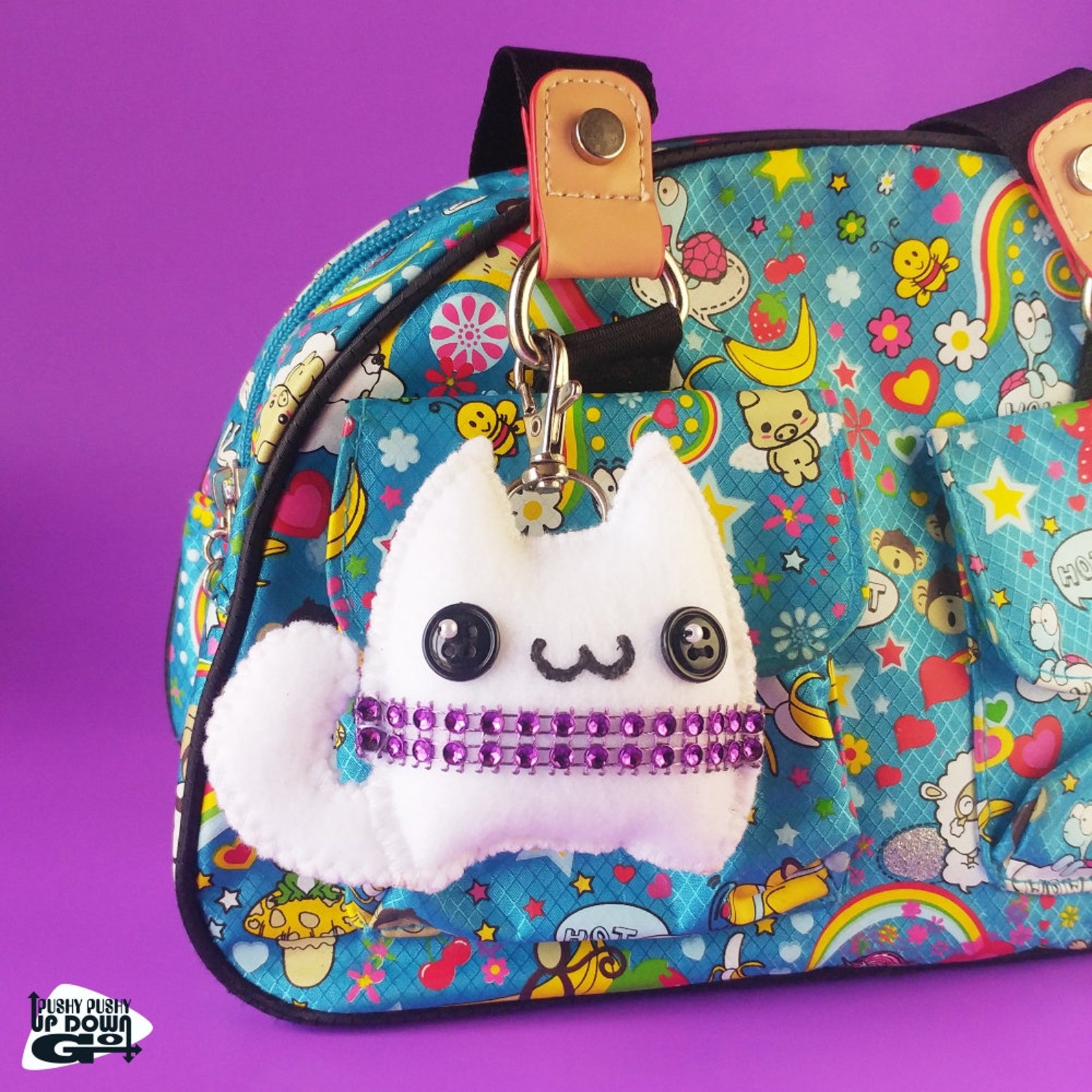 Cute Kawaii Purple Rhinestone White Cat Plush Keychain & Bag - Etsy