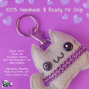Cute Kawaii Purple Rhinestone Gray Cat Plush Keychain & Bag Charm, Cute ...