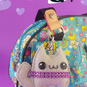 Cute Kawaii Purple Rhinestone Gray Cat Plush Keychain & Bag Charm, Cute ...