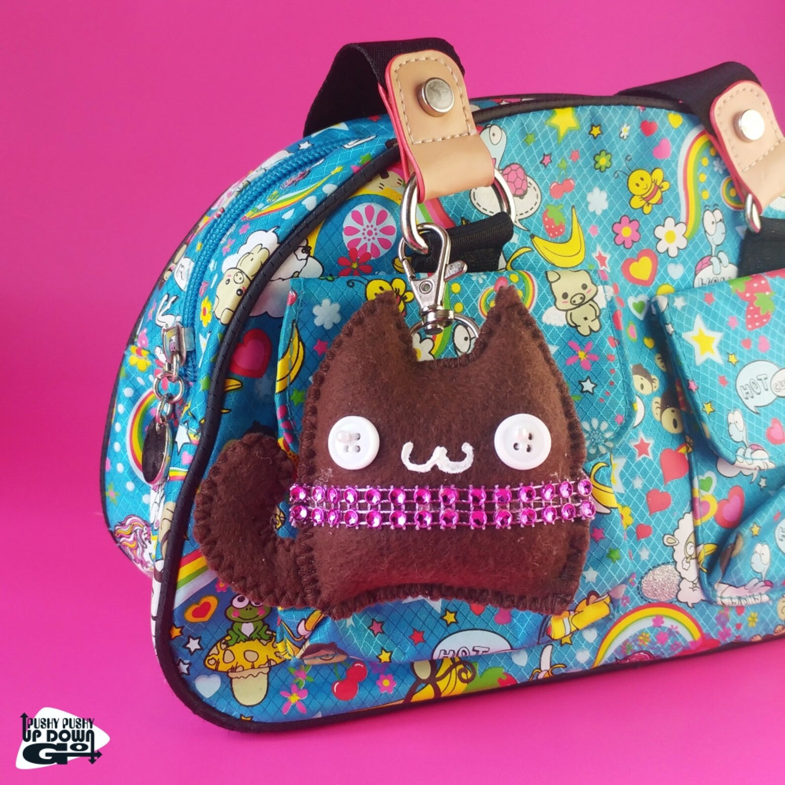 Cute Kawaii Pink Rhinestone Brown Cat Plush Keychain & Bag Charm, Cute ...