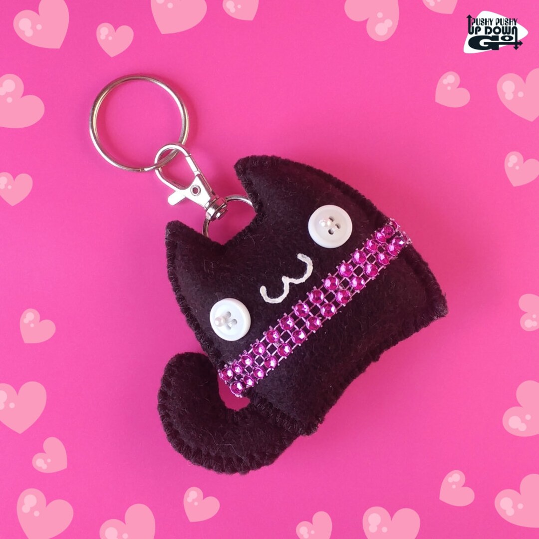 Cute Kawaii Pink Rhinestone Black Cat Plush Keychain & Bag Charm, Cute ...