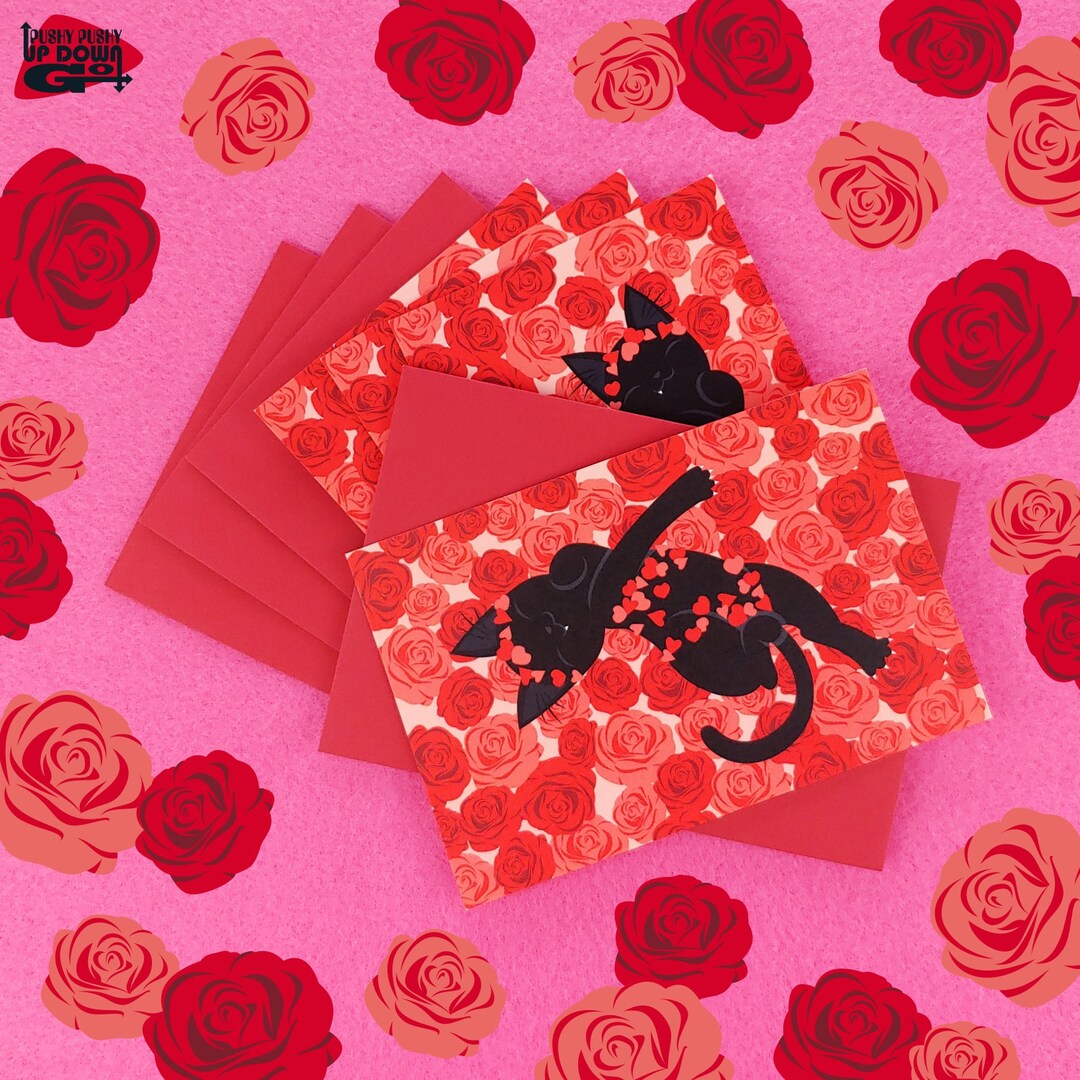 Funny Cat in Roses Valentines Day Postcards (set of 4 Cards + Envelopes ...