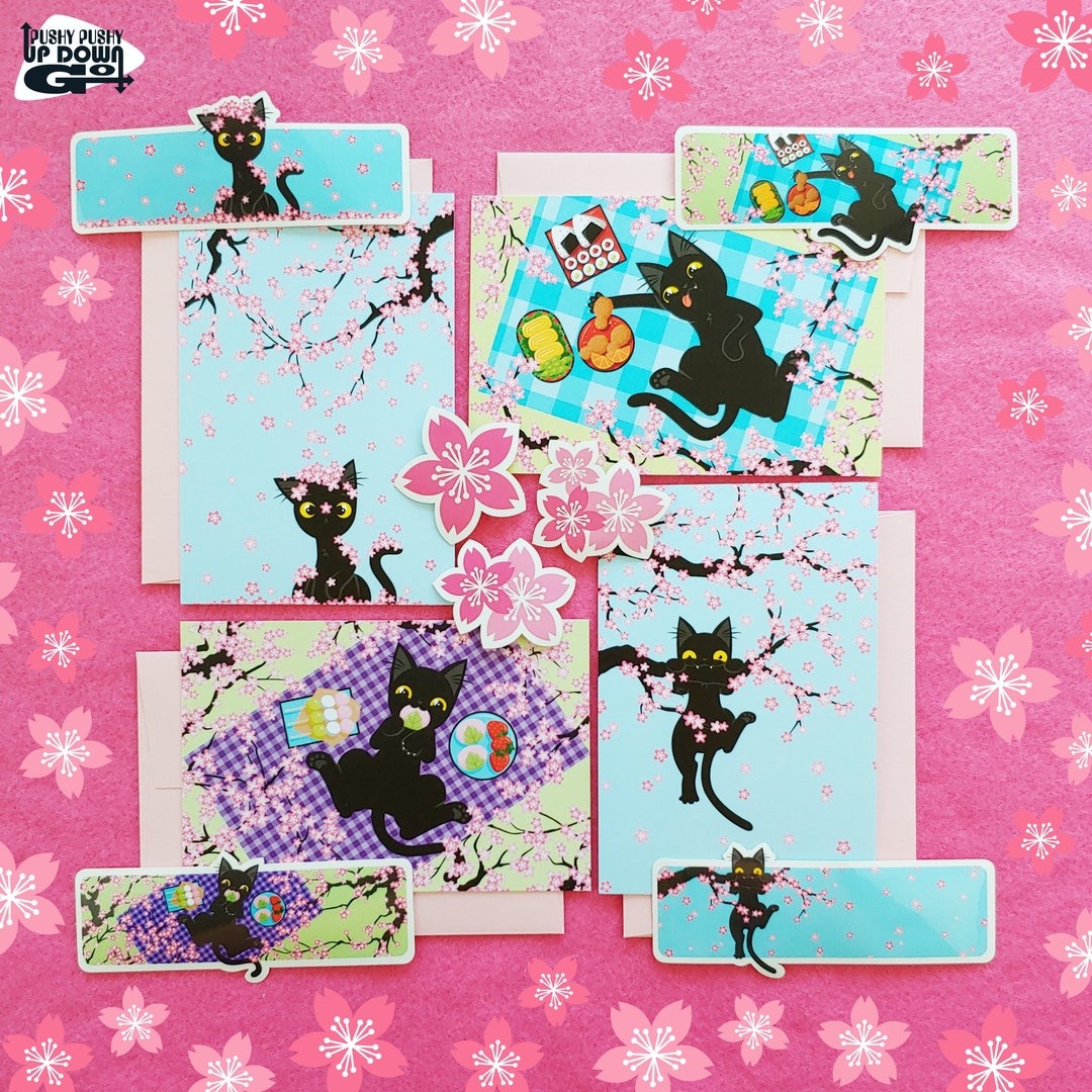 Hanami-inspired Funny Black Cat Cherry Blossom Postcards + Matching ...